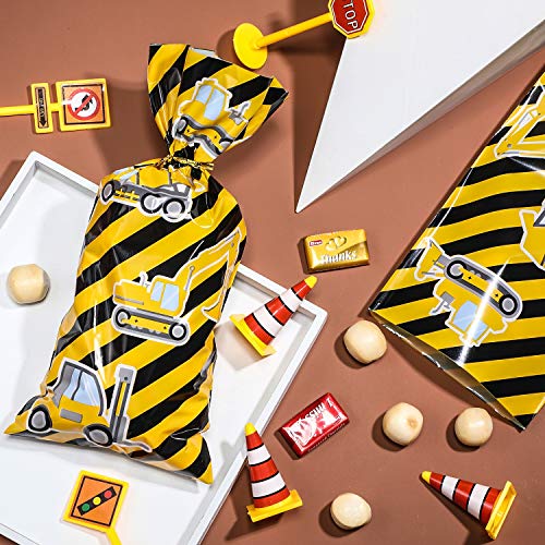 Gejoy 100 Pieces Construction Theme Cellophane Bags, Construction Theme Goodie Favor Bags, Truck Themed Candy Treat Bags Gift Bags with 100 Pieces Golden Twist Ties for Kids Boys Party Supplies Decorations