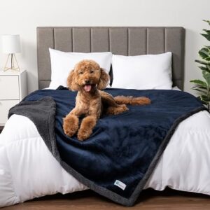 petami waterproof dog blanket for bed, xl dog pet blanket couch cover protection, sherpa fleece leakproof bed blanket for crate kennel sofa furniture protector, reversible soft plush 80x60 navy gray