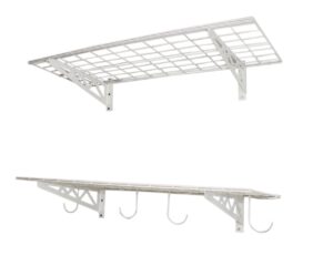 monsterrax garage wall shelf two-pack white or hammertone three size options includes bike hooks 500lb weight capacity (white, 18"x36")