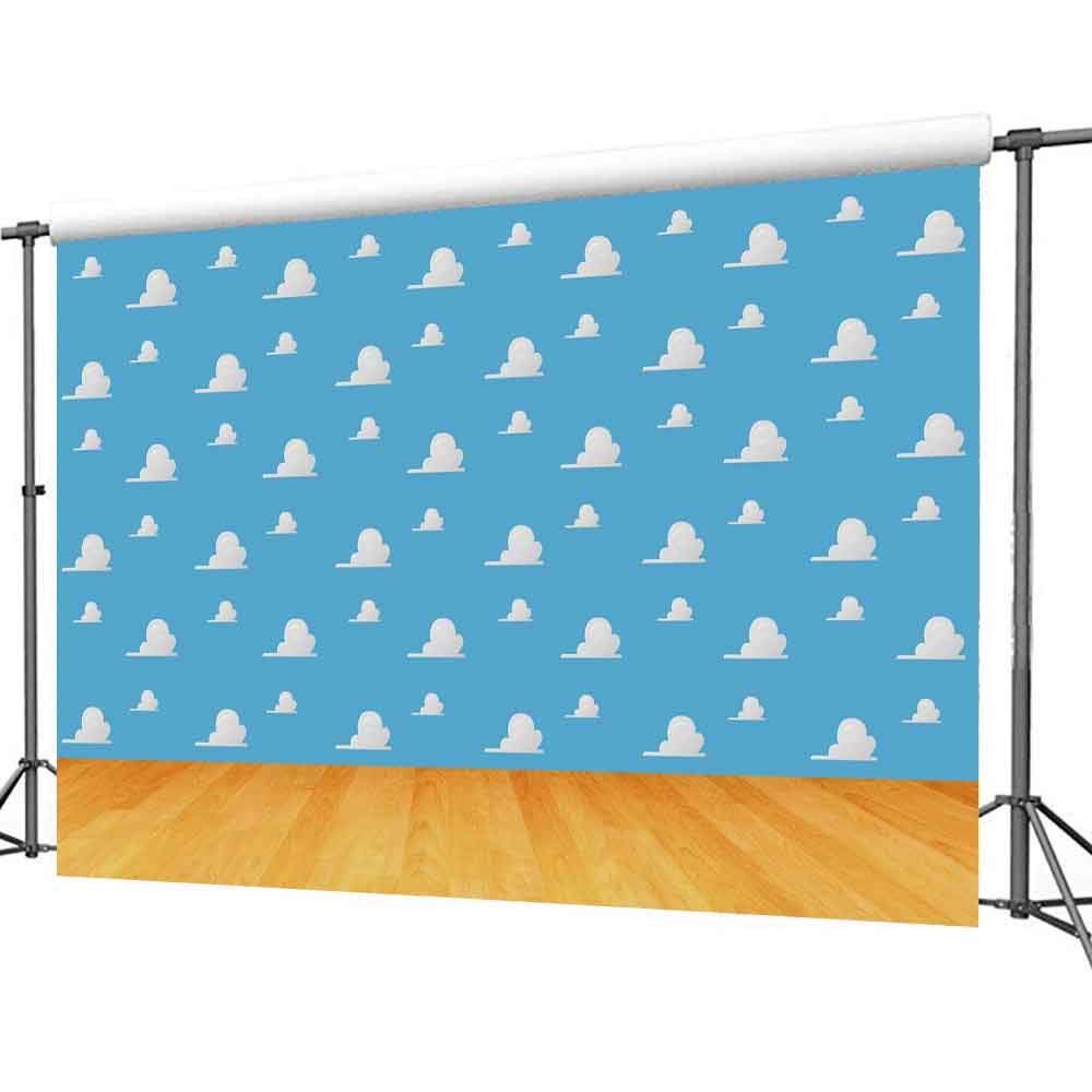 Cartoon Blue Sky and White Clouds Backdrop Wood Floor Backdrop 7x5ft Polyester Kids Birthday Party Boy Baby Shower Photo Background Dessert Table Banner Photo Studio Photography Props YL027