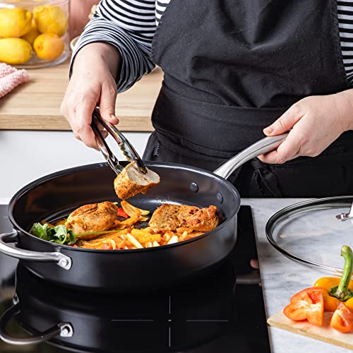 GreenPan Chatham Black Prime Midnight Hard Anodized Healthy Ceramic Nonstick, 5QT Saute Pan Jumbo Cooker with Helper Handle and Lid, PFAS-Free, Dishwasher Safe, Oven Safe, Black