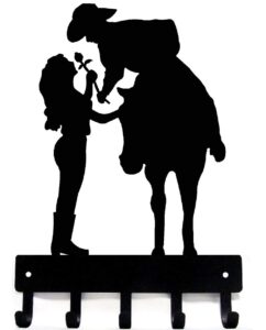 the metal peddler cowboy cowgirl rose - romantic couple - wall key rack hanger - large 9 inch wide - made in usa; 5 storage hooks