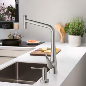 hansgrohe Metris Select Stainless Steel Bar Kitchen Faucet, Kitchen Faucets with Pull Out Sprayer, Faucet for Kitchen Sink, Stainless Steel Optic 73822801