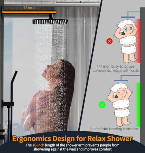 SR SUN RISE Black Square Rainfall Shower Head and Handle Set, Wall Mounted Shower Fixtures, Metal Shower Faucet Trim Repair Kits (With Shower Valve)