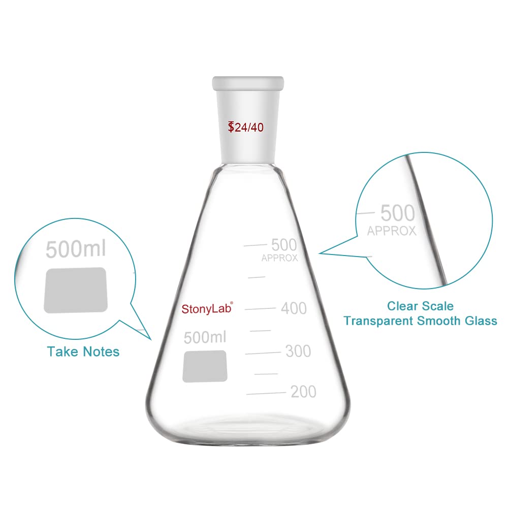 StonyLab Glass 24/40 Erlenmeyer Flask, Borosilicate Glass Heavy Wall Flask with 24/40 Standard Taper Outer Joint, 500ml