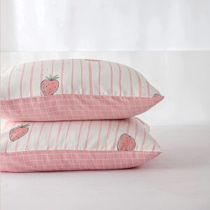 Pink Strawberry Print Pillowcases Set Kawaii Kids Girl Bedding Pillow Shams for Boy Teen Cotton Strawberry Pillow Covers Cute Decorative Pillowcases Set, Envelope Closure, (2 Pieces,20"×26")