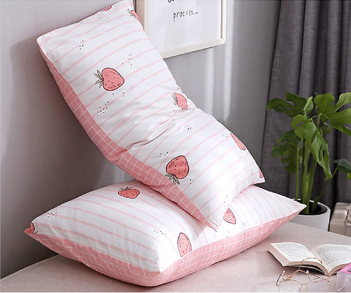 Pink Strawberry Print Pillowcases Set Kawaii Kids Girl Bedding Pillow Shams for Boy Teen Cotton Strawberry Pillow Covers Cute Decorative Pillowcases Set, Envelope Closure, (2 Pieces,20"×26")