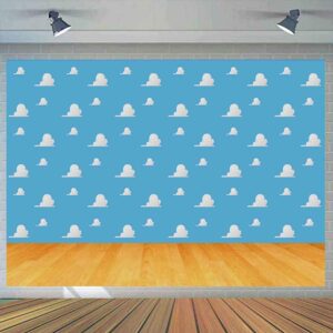 Cartoon Blue Sky and White Clouds Backdrop Wood Floor Backdrop 7x5ft Polyester Kids Birthday Party Boy Baby Shower Photo Background Dessert Table Banner Photo Studio Photography Props YL027