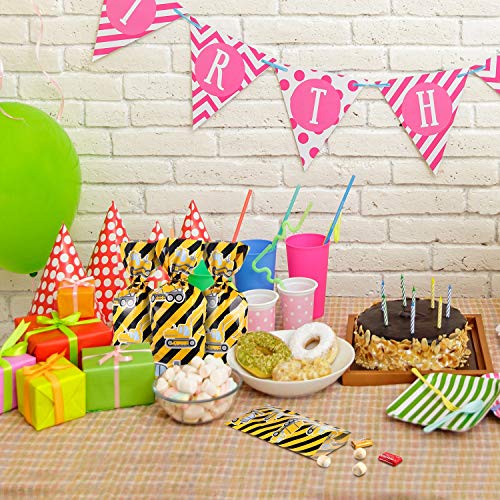 Gejoy 100 Pieces Construction Theme Cellophane Bags, Construction Theme Goodie Favor Bags, Truck Themed Candy Treat Bags Gift Bags with 100 Pieces Golden Twist Ties for Kids Boys Party Supplies Decorations