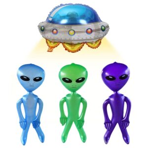 ybb 4 pack alien inflatable toys 36 inch with ufo foil balloon, novelty large size martian aliens prop toy decorations for birthday halloween party favors (green, blue, purple))