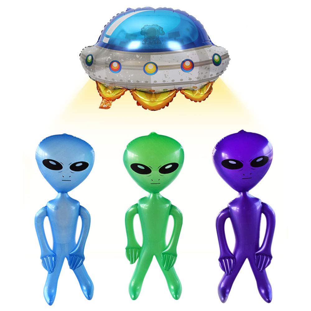 YBB 4 Pack Alien Inflatable Toys 36 Inch with UFO Foil Balloon, Novelty Large Size Martian Aliens Prop Toy Decorations for Birthday Halloween Party Favors (Green, Blue, Purple))