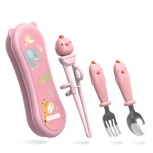 training chopsticks set for kids and beginners,chopstick spoon fork and case set,reusable learning chopsticks with attachable learning chopstick helper - right handed only stainless steel pink