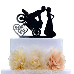 Motorcycle Funny Wedding Cake Topper Mr & Mrs, Bride Groom with Motorbike (Black Acrylic)