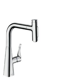 hansgrohe metris select chrome bar kitchen faucet, kitchen faucets with pull out sprayer, faucet for kitchen sink, chrome 73822001