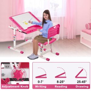 Kids Desk and Chair Set Height Adjustable Ergonomic Children Sturdy Table with Drawer Storage Childs Study School Desk Interactive Workstation Kids Art Writing Desk Furniture for Girls Boys