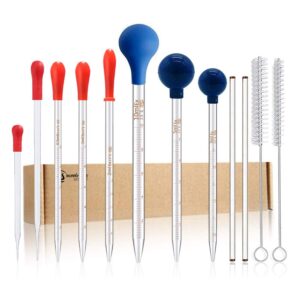 8pcs thick glass graduated dropper pipettes fluid and liquid pipettors 0.5ml, 1ml,2ml,3ml,5ml, 10ml,10cm,20cm with caps and 2pcs washing brushes and 2pcs 20cm glass stir rod(20cm-7.8inch)