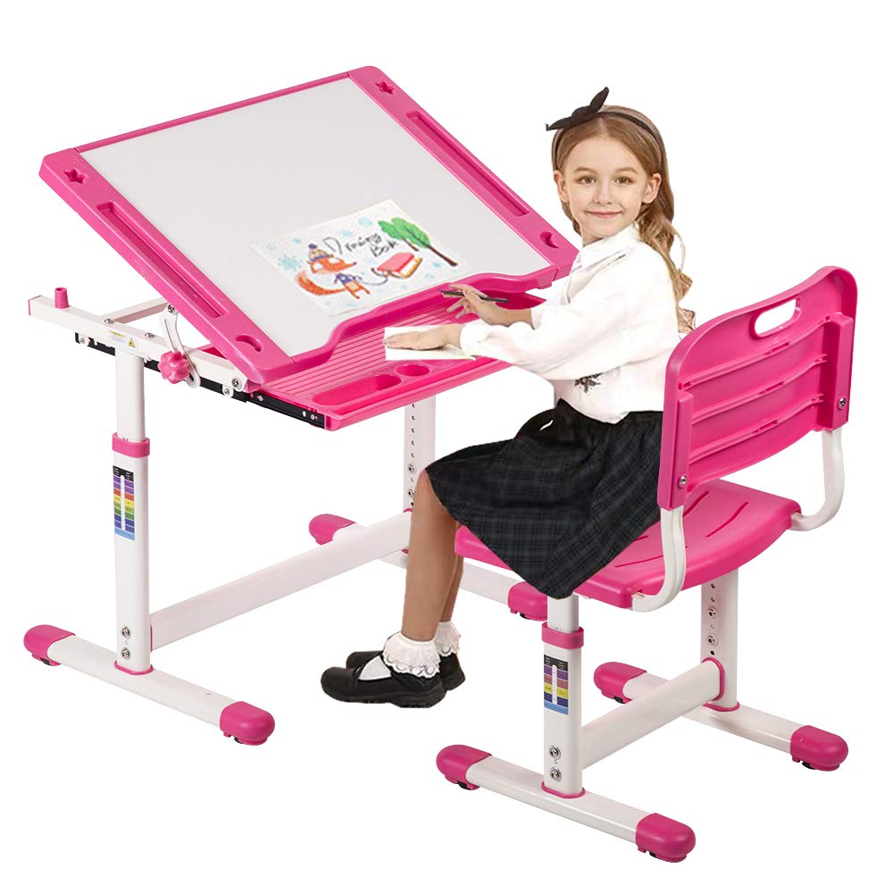 Kids Desk and Chair Set Height Adjustable Ergonomic Children Sturdy Table with Drawer Storage Childs Study School Desk Interactive Workstation Kids Art Writing Desk Furniture for Girls Boys