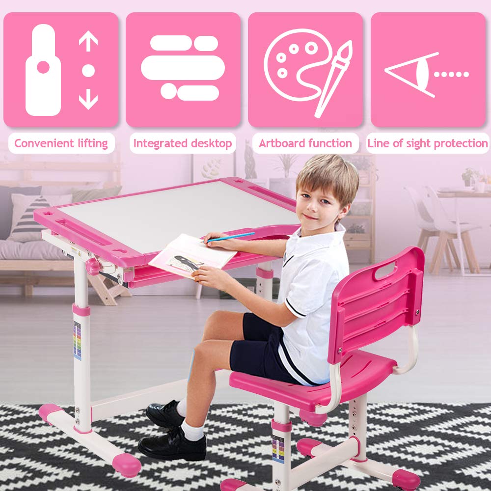 Kids Desk and Chair Set Height Adjustable Ergonomic Children Sturdy Table with Drawer Storage Childs Study School Desk Interactive Workstation Kids Art Writing Desk Furniture for Girls Boys