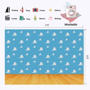 Cartoon Blue Sky and White Clouds Backdrop Wood Floor Backdrop 7x5ft Polyester Kids Birthday Party Boy Baby Shower Photo Background Dessert Table Banner Photo Studio Photography Props YL027