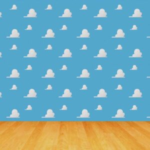 Cartoon Blue Sky and White Clouds Backdrop Wood Floor Backdrop 7x5ft Polyester Kids Birthday Party Boy Baby Shower Photo Background Dessert Table Banner Photo Studio Photography Props YL027