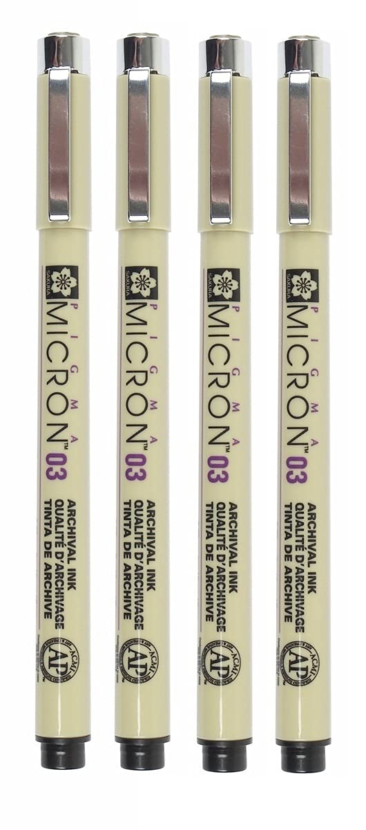 Sakura Pigma Micron 03 Black Pen 0.35mm Line Width Pack of 4 (03)