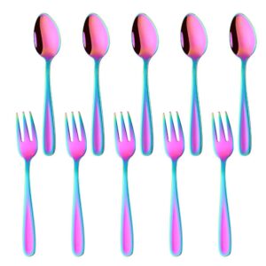 rainbow dessert spoons salad fork set, color me 10-piece stainless steel teaspoons cake forks set