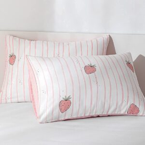 Pink Strawberry Print Pillowcases Set Kawaii Kids Girl Bedding Pillow Shams for Boy Teen Cotton Strawberry Pillow Covers Cute Decorative Pillowcases Set, Envelope Closure, (2 Pieces,20"×26")