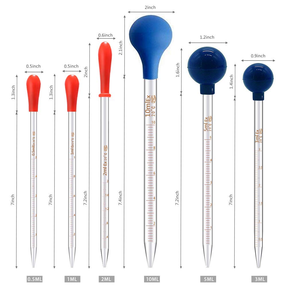 8PCS Thick Glass Graduated Dropper Pipettes Fluid and Liquid Pipettors 0.5ml, 1ml,2ml,3ml,5ml, 10ml,10CM,20CM with Caps and 2PCS Washing Brushes and 2PCS 20cm Glass Stir Rod(20cm-7.8inch)