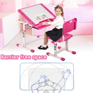 Kids Desk and Chair Set Height Adjustable Ergonomic Children Sturdy Table with Drawer Storage Childs Study School Desk Interactive Workstation Kids Art Writing Desk Furniture for Girls Boys