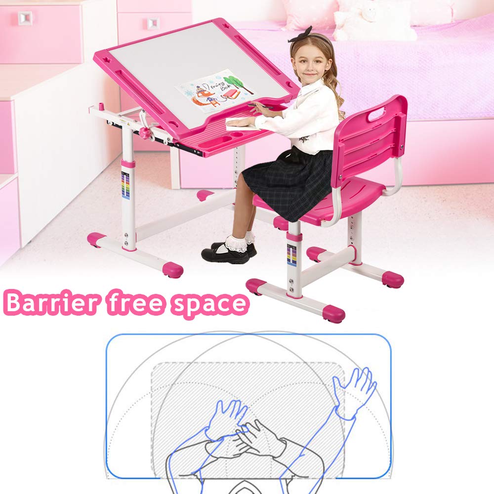 Kids Desk and Chair Set Height Adjustable Ergonomic Children Sturdy Table with Drawer Storage Childs Study School Desk Interactive Workstation Kids Art Writing Desk Furniture for Girls Boys