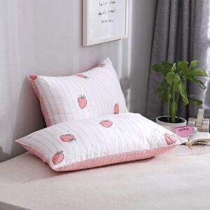 pink strawberry print pillowcases set kawaii kids girl bedding pillow shams for boy teen cotton strawberry pillow covers cute decorative pillowcases set, envelope closure, (2 pieces,20"×26")