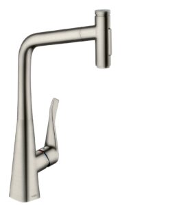 hansgrohe metris select stainless steel single-handle kitchen faucet, kitchen faucets with pull out sprayer, faucet for kitchen sink, stainless steel optic 73820801