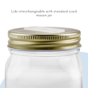 Cornucopia Brands Small Coin Bank Jars (4-Pack, Clear); 16oz Clear Plastic Mason Jar Coin Banks w/Gold Slotted Lids