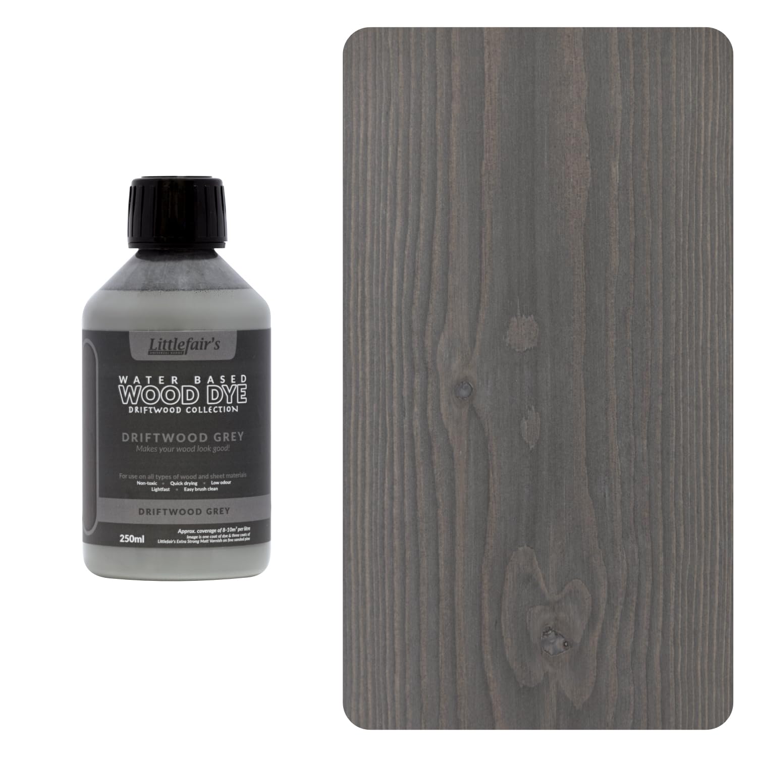 Littlefair's Wood Stain Water Based - 8.5oz/250ml - Indoor Furniture Stain Light & Dark Finishes - Special Non Toxic & Eco Friendly Formula - Wood Stain for Crafts - Color: Driftwood Grey