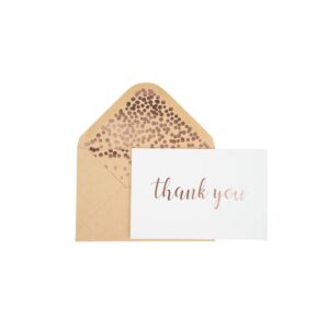 thank you cards - blank 50 pack white cards with rose gold foiled "thank you" printed with 52 foil embossed kraft envelopes 4" x 6" - for wedding bridal shower baby shower birthday party