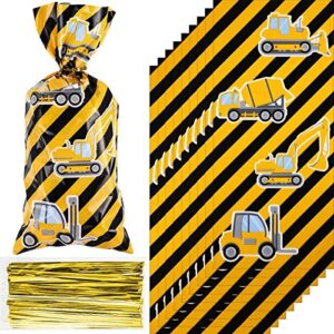 gejoy 100 pieces construction theme cellophane bags, construction theme goodie favor bags, truck themed candy treat bags gift bags with 100 pieces golden twist ties for kids boys party supplies decorations