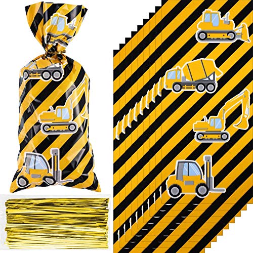 Gejoy 100 Pieces Construction Theme Cellophane Bags, Construction Theme Goodie Favor Bags, Truck Themed Candy Treat Bags Gift Bags with 100 Pieces Golden Twist Ties for Kids Boys Party Supplies Decorations