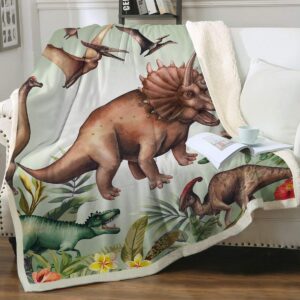 sleepwish sherpa throw blanket for couch sofa and chair, boys dinosaur blankets and throws super soft reversible cozy and plush (green jungle, baby 30"x40")