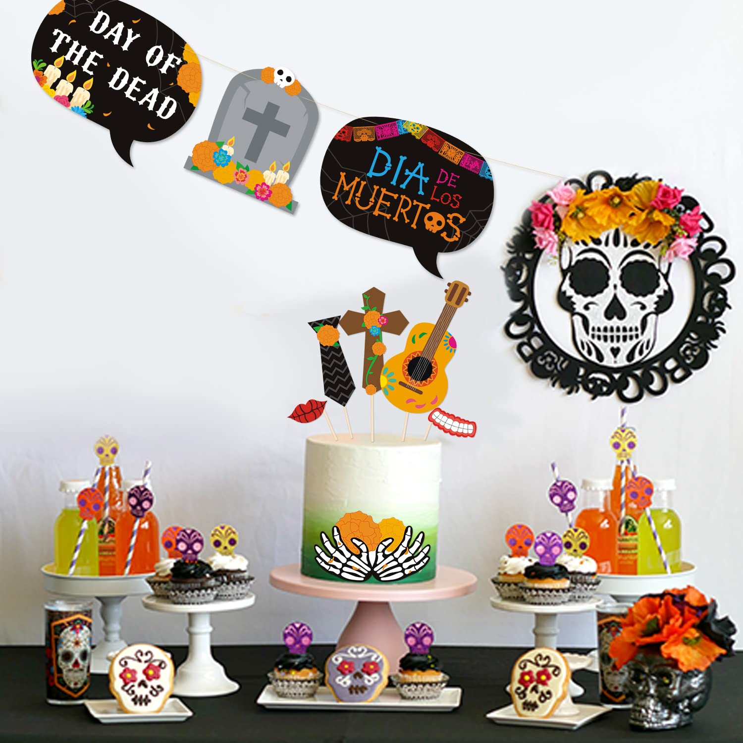 30 PCS Day of The Dead Photo Booth Props Día de Los Muertos Cinco de Mayo Sugar Skull Photo Props Marigold Flowers Decorations for Mexican Birthday Party Wedding Bachelorette Fiesta Party Supplies