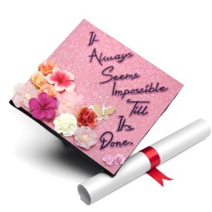 gradwyse pink glitter graduation cap topper with flowers, graduation cap decorations, class of 2024 grad cap topper, it always seems impossible till it's done