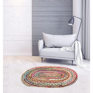 NAQSH Multicolor Handmade Braided Rugs - (2x3 Feet, Multi Jute+Cotton (Oval)