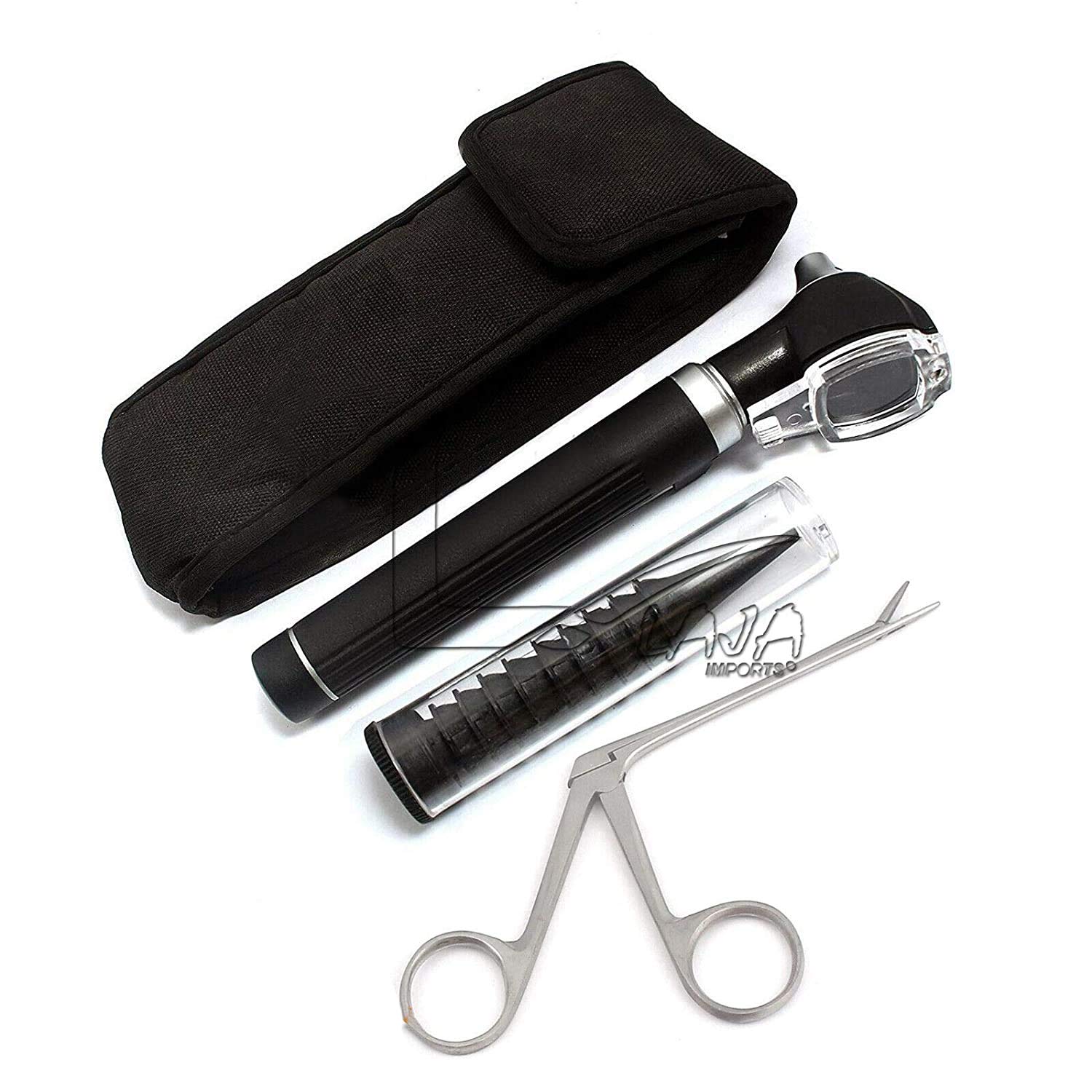 LAJA Imports Black Mini Fiber Optic Otoscope Led Diagnostic + Alligator Ent Ear Nose Forceps 3.5"