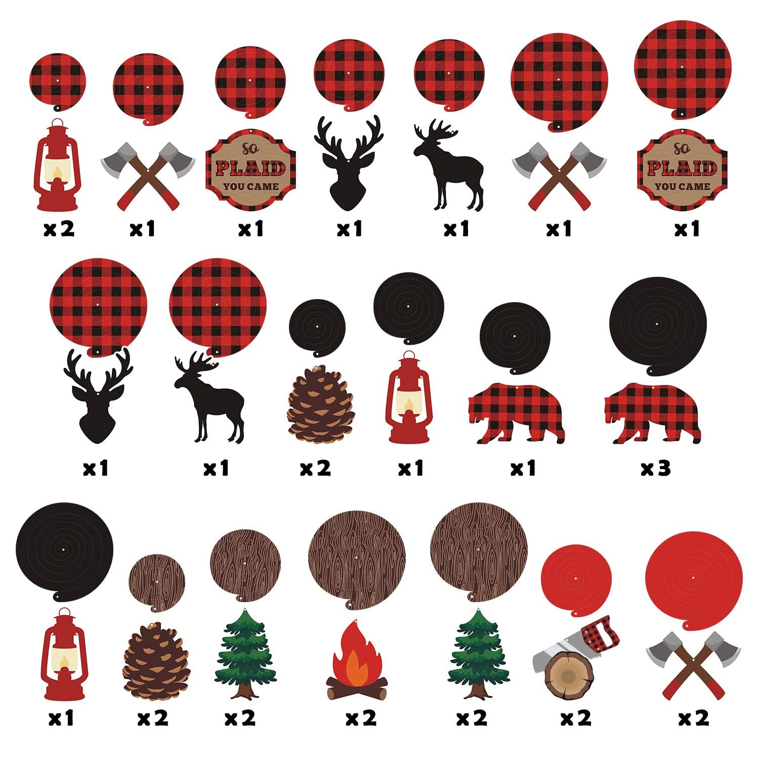 Levfla 30CT Lumberjack Party Hanging Swirls Decoration Buffalo Plaid Kids Birthday Photo Props Camping Ideas Bears Cutouts S'More Fun Door Whirls Signs Baby Shower Favor Supplies