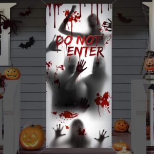 Large Halloween Window Door Cover Fabric Scary Handprint and Shadowy Figure Halloween Props Poster Banner for Halloween Spook House Decorations Halloween Supplies (Do Not Enter)