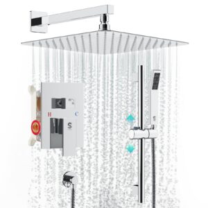 sr sun rise 12 inch slide bar shower system, square rain shower head and handheld spray, wall mounted shower faucets sets complete included valve and shower trim kit, polished chrome