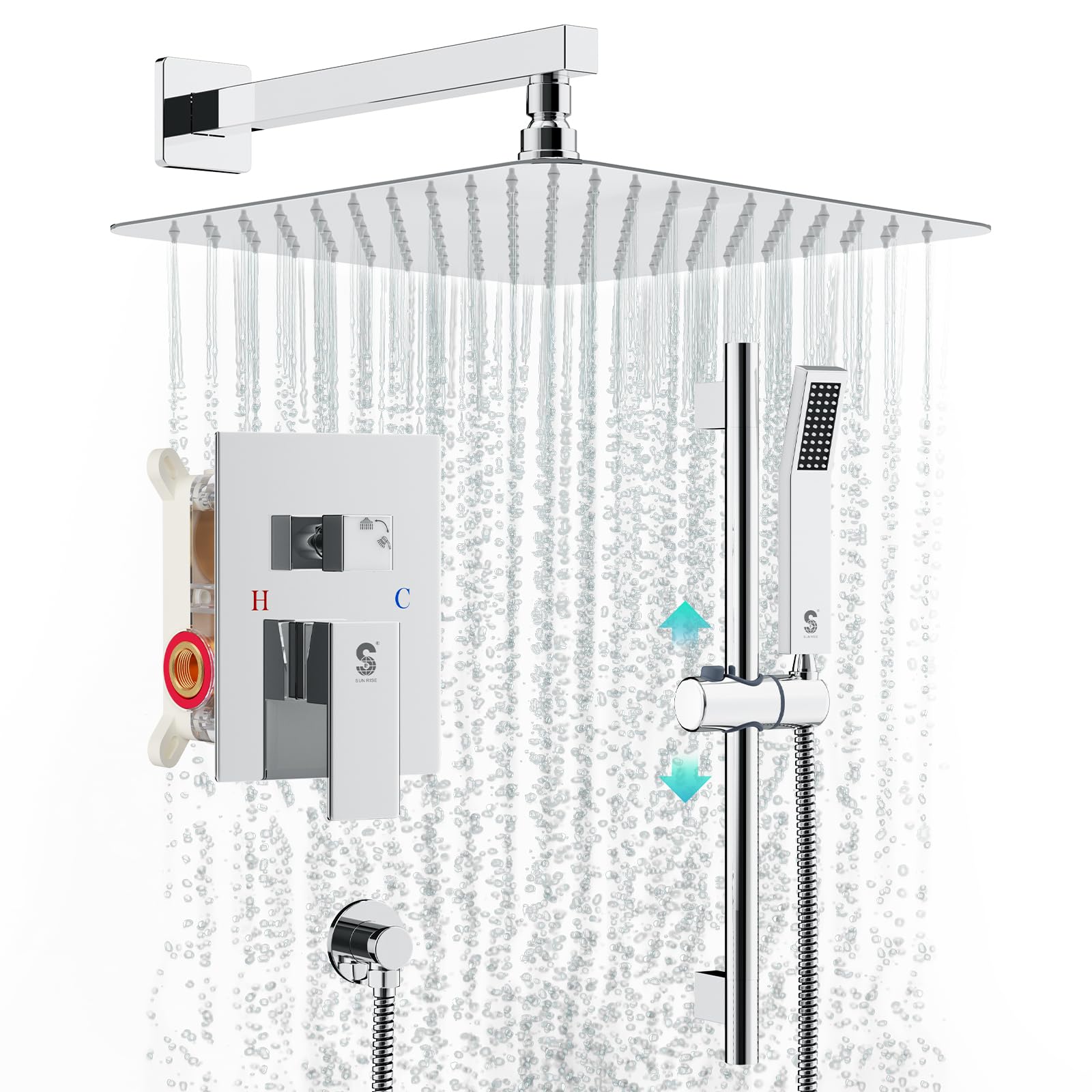 SR SUN RISE 12 Inch Slide Bar Shower System, Square Rain Shower Head and Handheld Spray, Wall Mounted Shower Faucets Sets Complete Included Valve and Shower Trim Kit, Polished Chrome