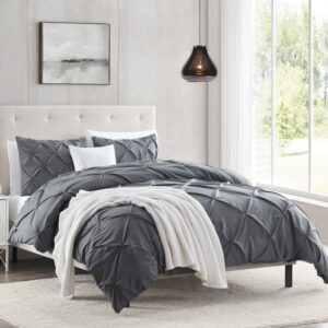 nestl grey duvet cover queen size - pintuck queen duvet cover set, 3 piece double brushed duvet covers with button closure, 1 pinch pleated duvet cover 90x90 inches and 2 pillow shams