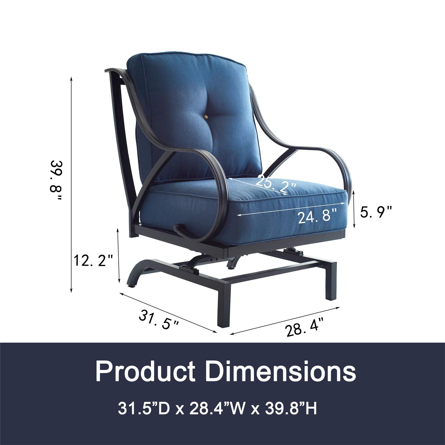 Top Space Rocking Motion Patio Chair Outdoor Deep Seating Club Chair Metal Furniture Set with Soft Cushion Sturdy Metal Frame Furniture for Garden Yard Lawn Poolside (1PCS, Blue)