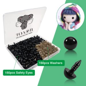 TOAOB 150pcs 10mm Black Plastic Safety Eyes Crafts Safety Eyes with Washers for Stuffed Animals Amigurumis Crochet Bears Doll Making