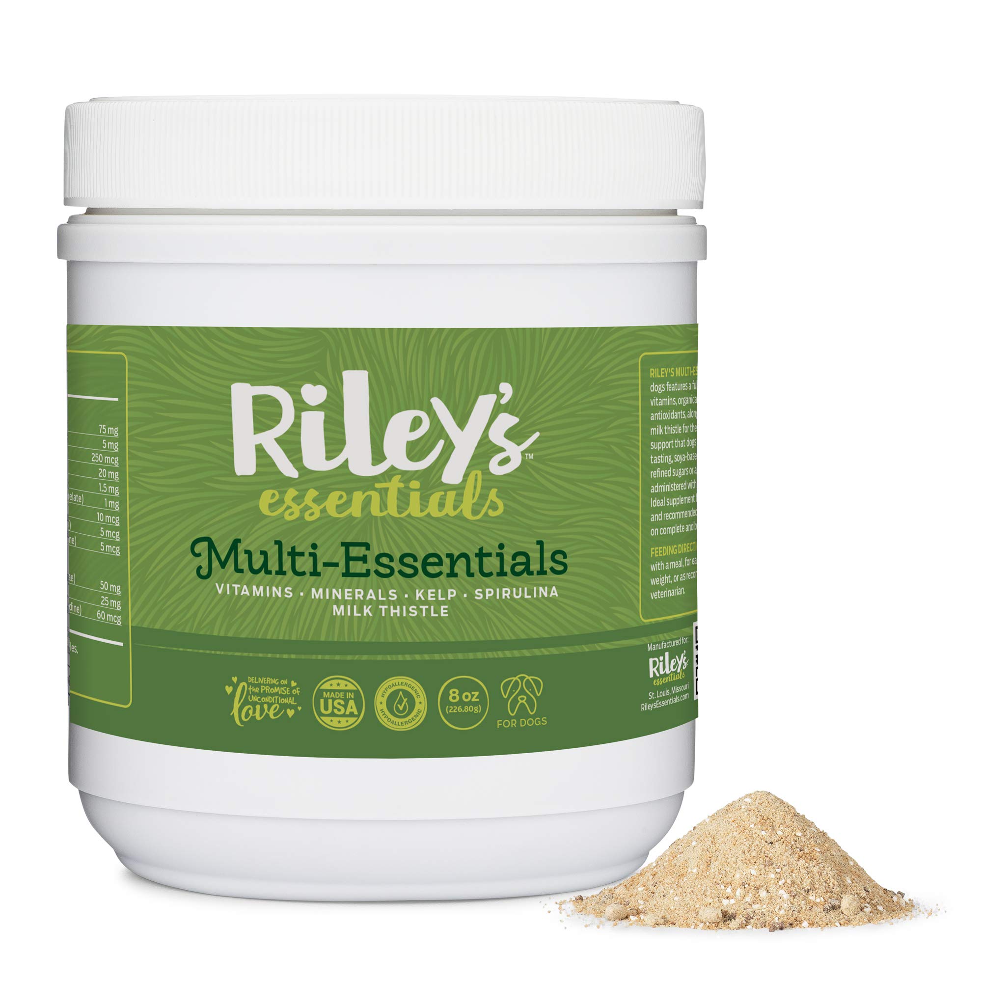 Riley's Multi-Essentials Multivitamin for Dogs - Vitamins, Minerals, Spirulina, Kelp, and Milk Thistle for Nutritional Support - Puppy and Senior Dog Vitamins - 8oz Powder